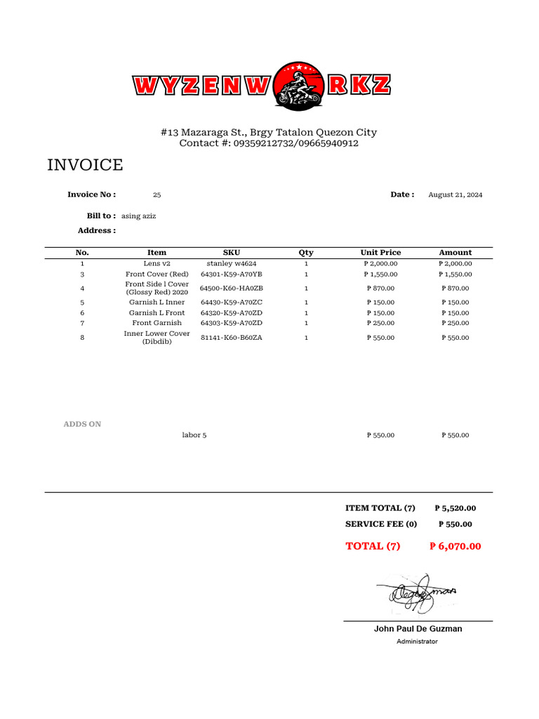 Invoice for Motorcycle Parts and Labor | PDF
