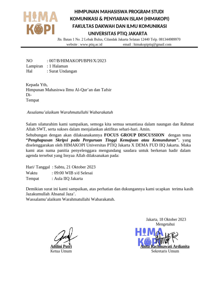 Surat Undangan HIMA IQTAF | PDF