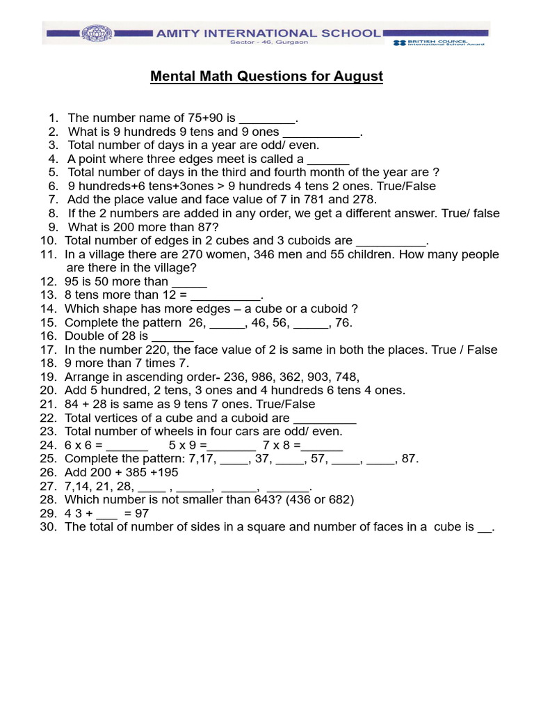 Mental Math Questions For August | PDF