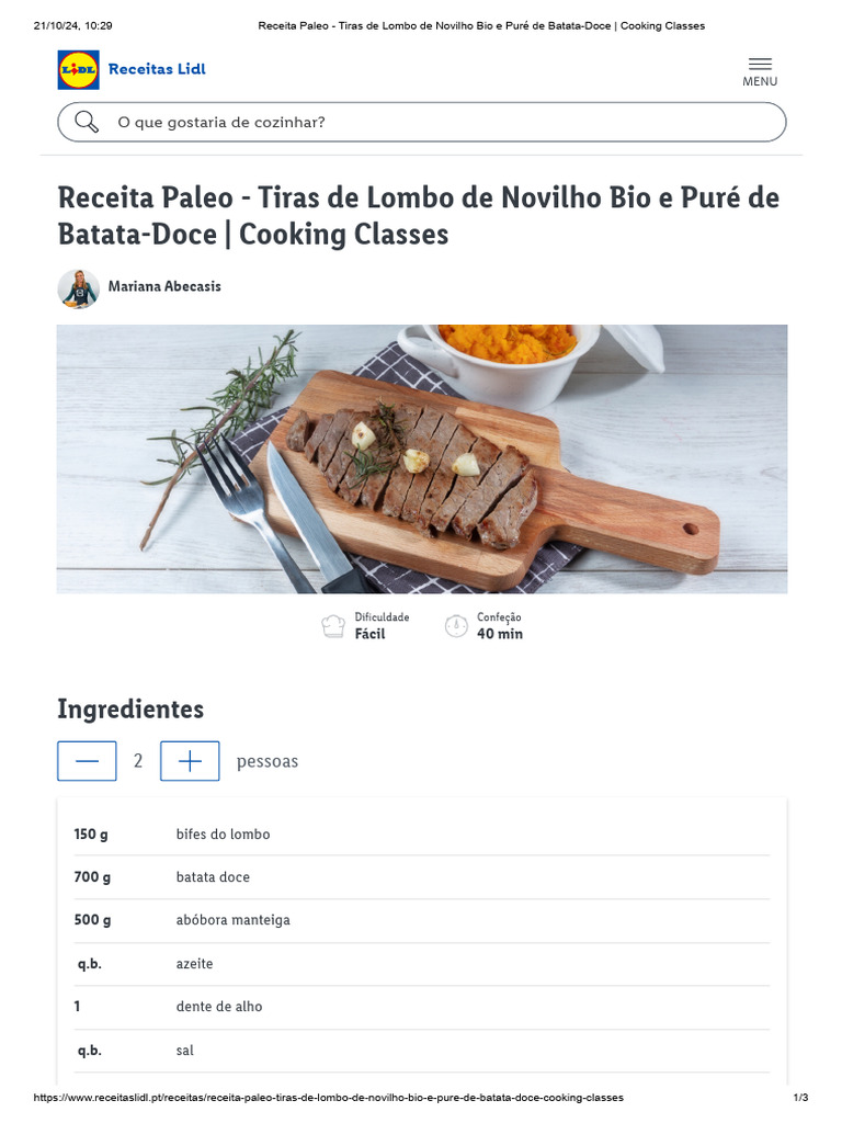 Receita Paleo - Tiras de Lombo de Novilho Bio e Puré de Batata-Doce - Cooking Classes | PDF ...