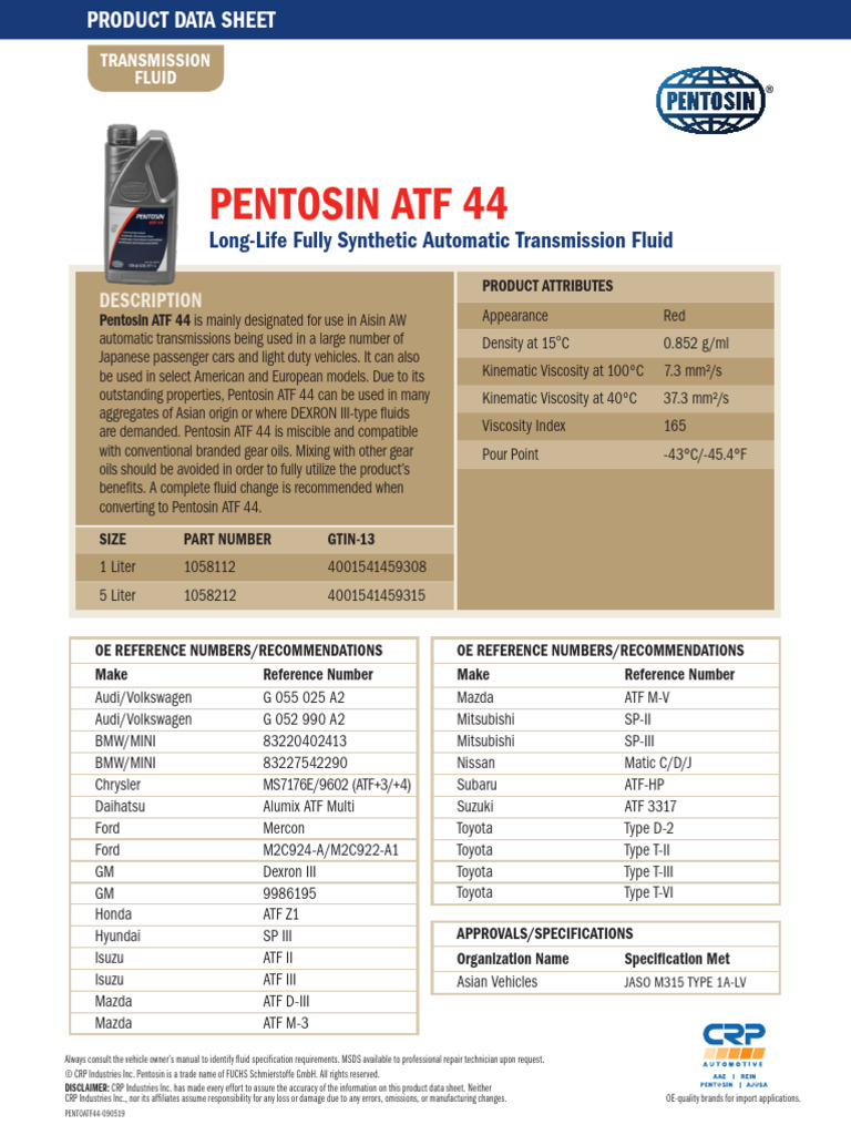 Pentosin Product Data Sheet Transmission Fluid ATF 44 | PDF | Vehicle ...