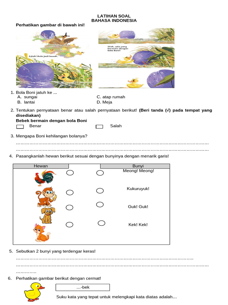 Latihan Soal Bahasa Indonesia Kelas 1 | PDF