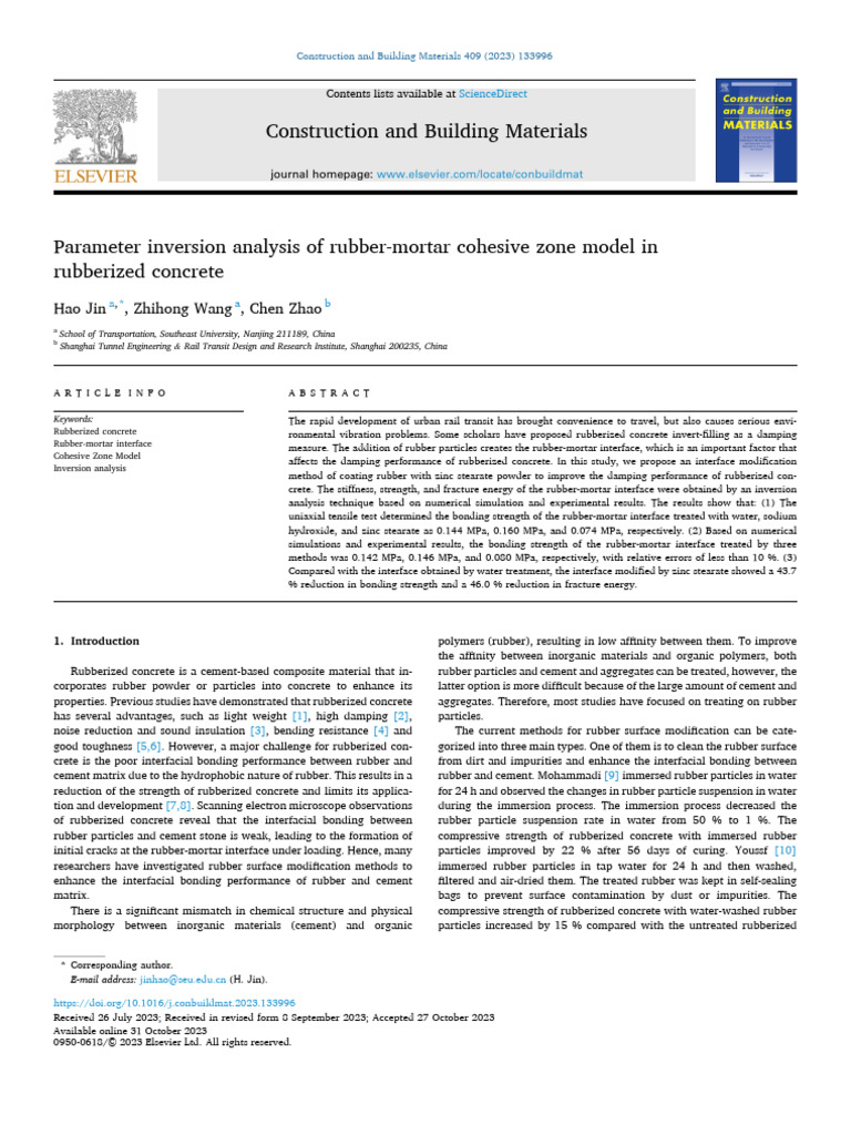 Parameter Inversion Analysis of Rubber-Mortar Cohesive Zone Model in Rubberized Concrete | PDF ...
