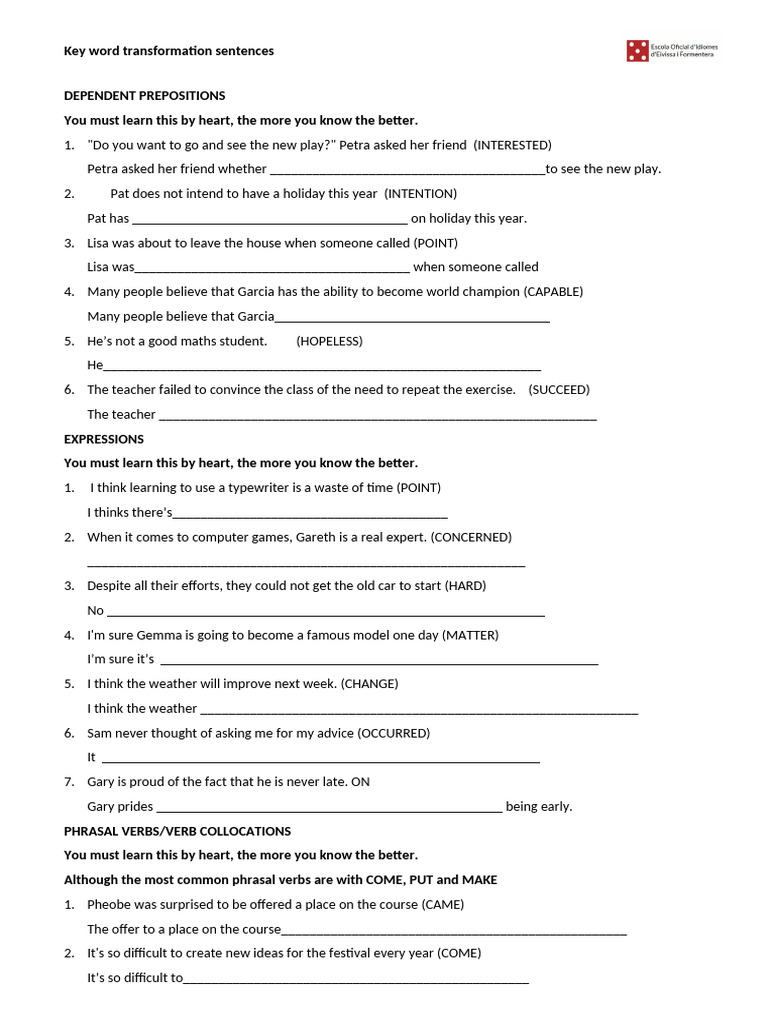 Key Word Transformation Expressions | PDF | Verb | Grammatical Tense