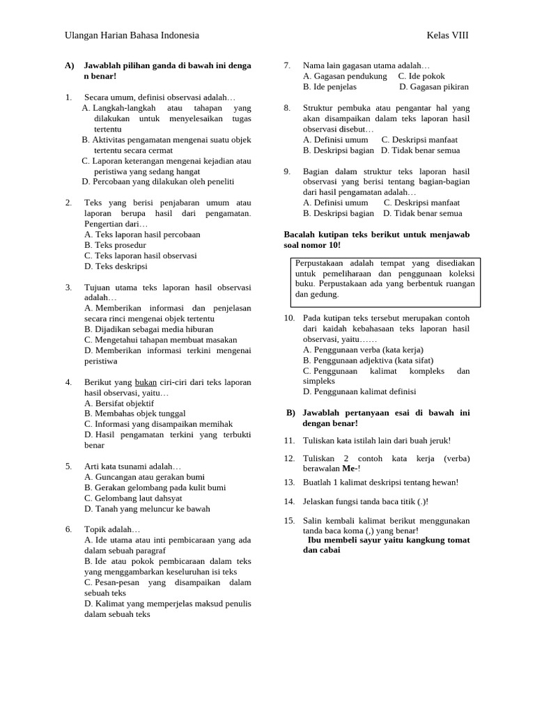 Soal Uh BHS Indonesia Kelas 8 Kurikulum Merdeka Sem 1 | PDF