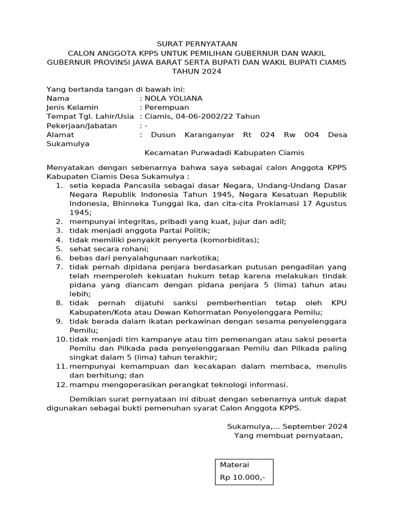 Template - Surat Pernyataan Kpps Pilkada 2024 - Use Kpps | PDF
