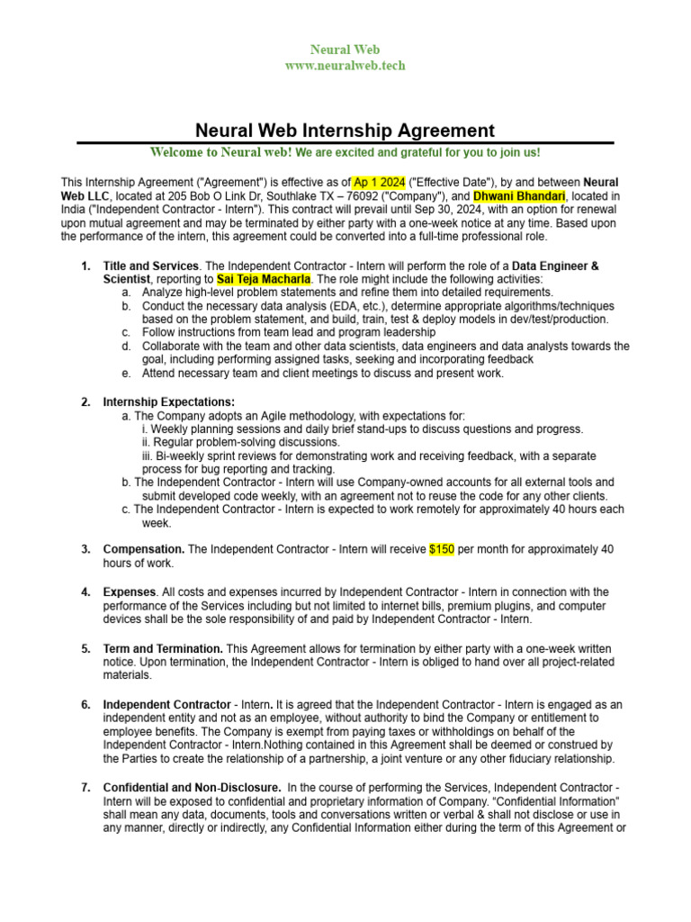 Dhwani_Bhandari_Neural_Web_Internship_Offer_Letter | PDF | Employment | Non Disclosure Agreement