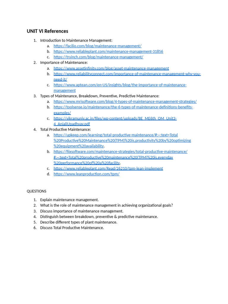 Operations Management II Unit VI References | PDF