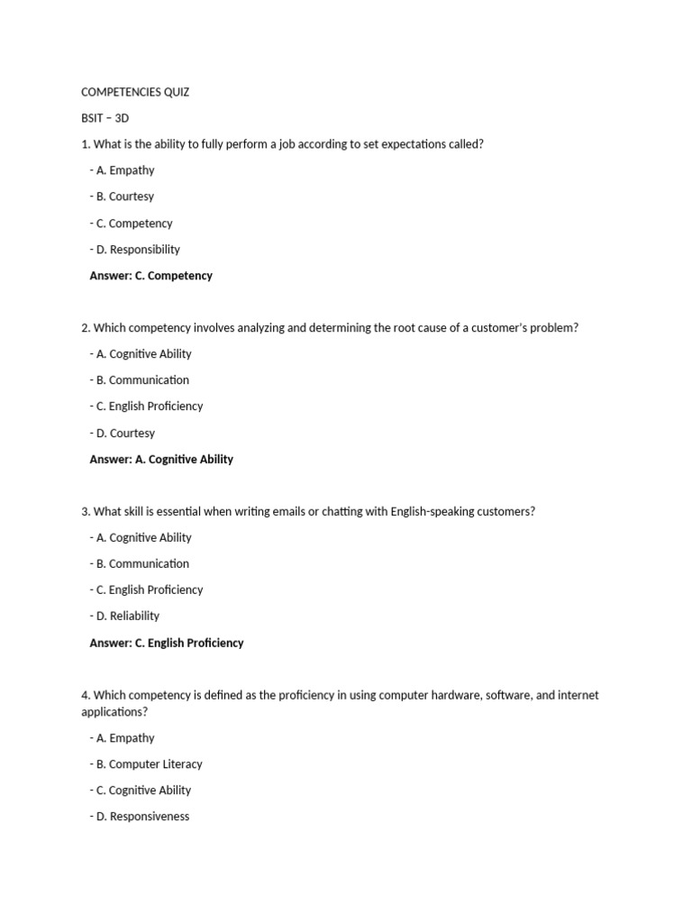 Competencies Quiz | PDF | Empathy | Accuracy And Precision