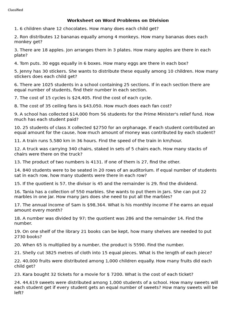 Division Word Problems Worksheet | PDF | Division (Mathematics)