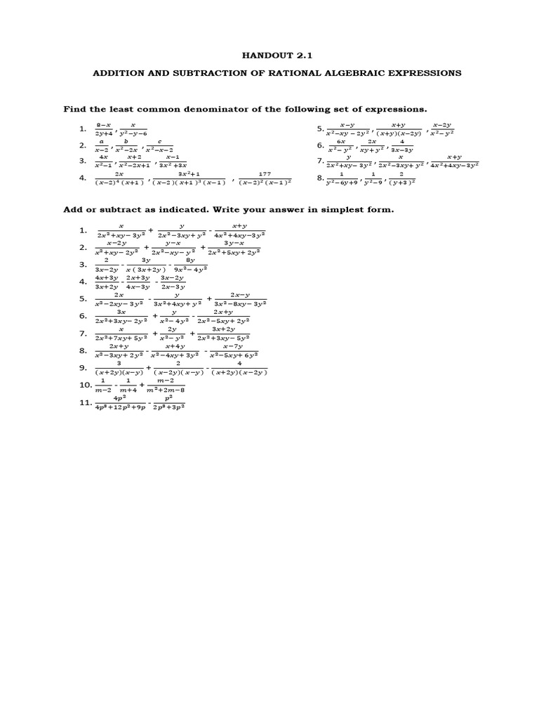 Handout 2 1 Addition And Subtraction Of Rational Algebraic Expressions Pdf Numbers