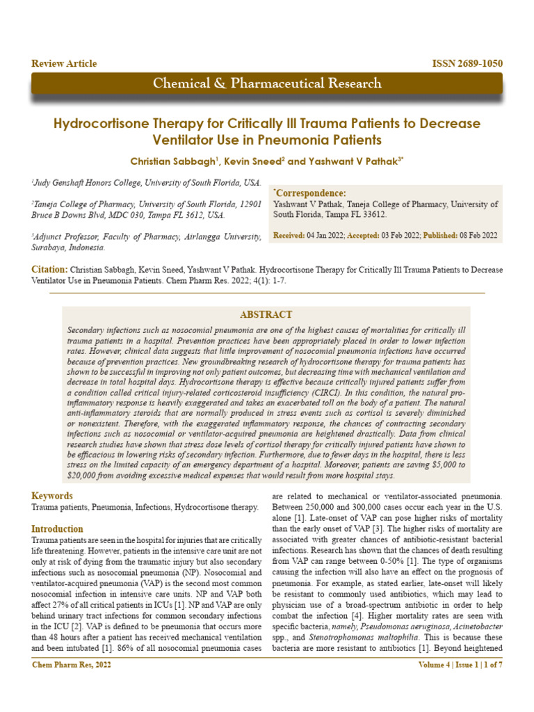 Hydrocortisone Therapy For Critically Ill Trauma Patients To Decrease ...