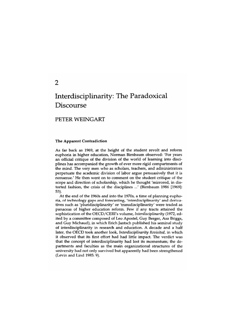 Weingart, Peter. "Interdisciplinarity The Paradoxical Discourse | PDF