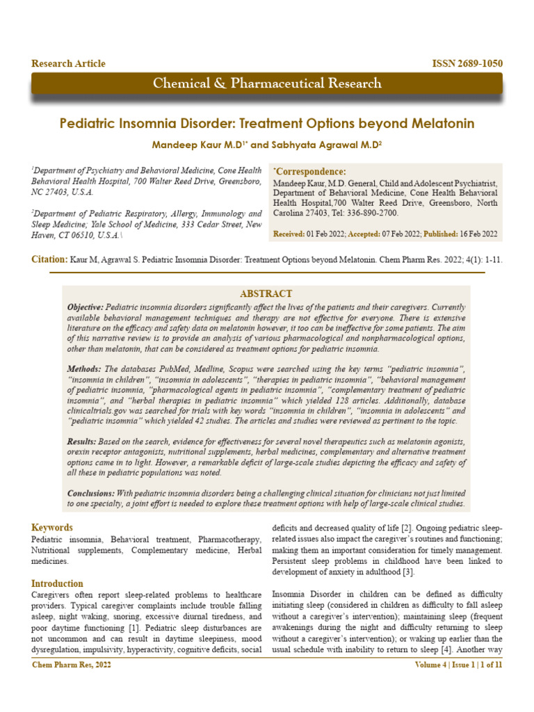 Pediatric Insomnia Disorder Treatment Options Beyond Melatonin Pdf