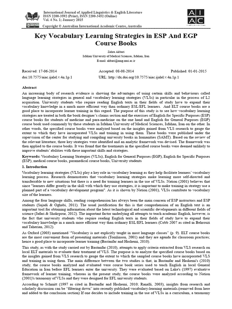 Key Vocabulary Learning Strategies in ESP and EGP | PDF | English As A Second Or Foreign ...