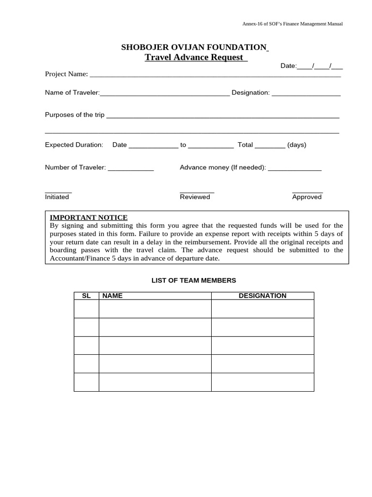 Annex-16 Travel Advance Requisition | PDF