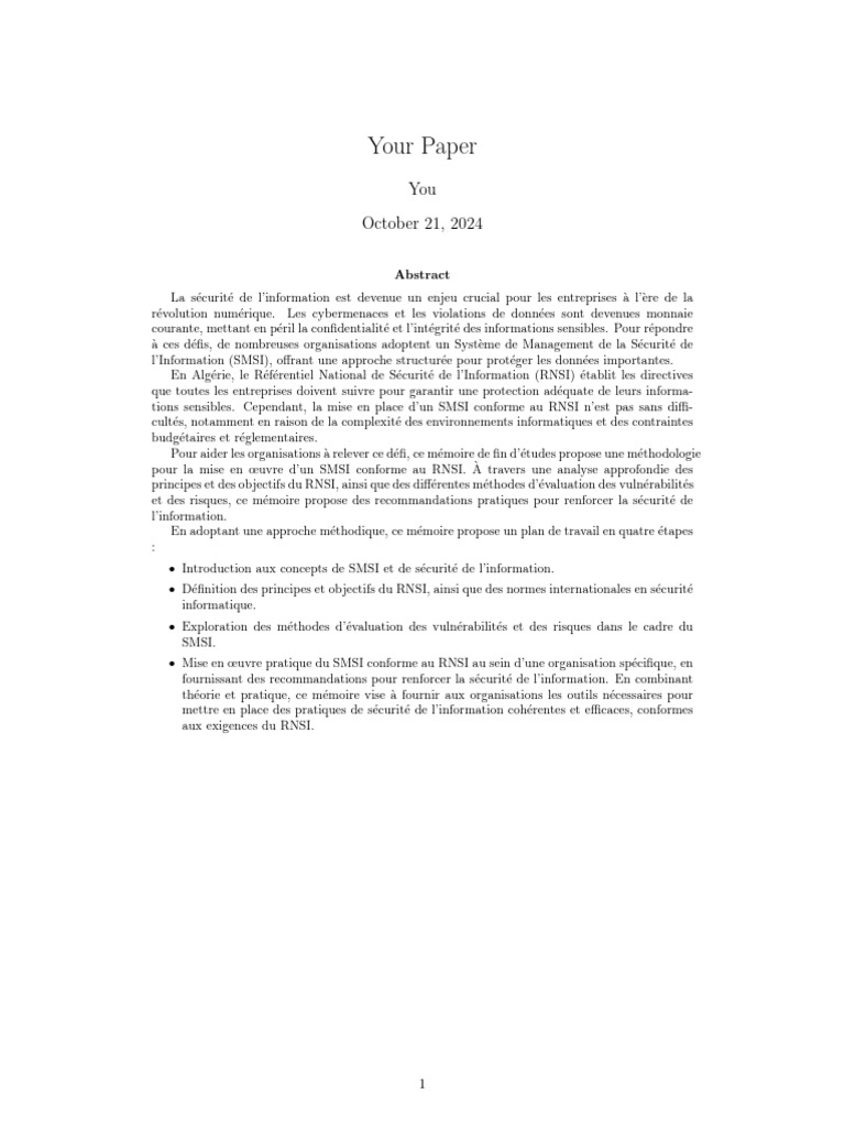 Mise en œuvre du SMSI selon le RNSI | PDF | Sécurité des systèmes d ...