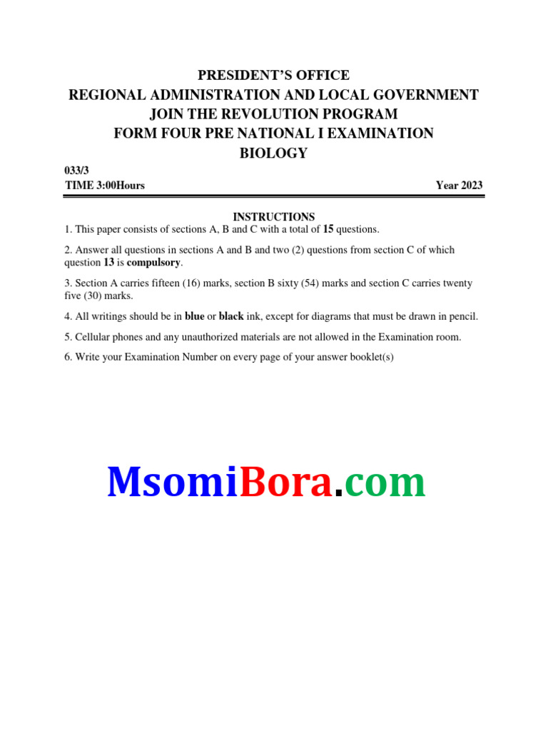 Form Four Pre-National Biology Exam 2023 | PDF | Hormone | Retina