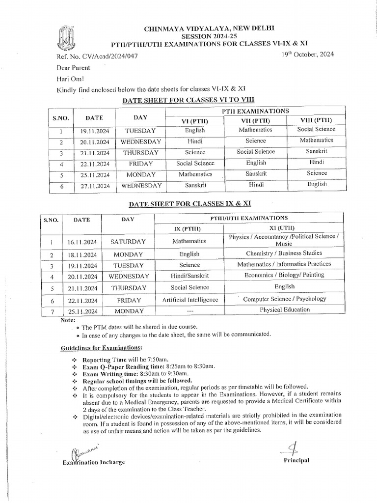047 - PT3 - PT2 - UT2 Examinations - VI To IX and XI - Datesheet - 2024 ...