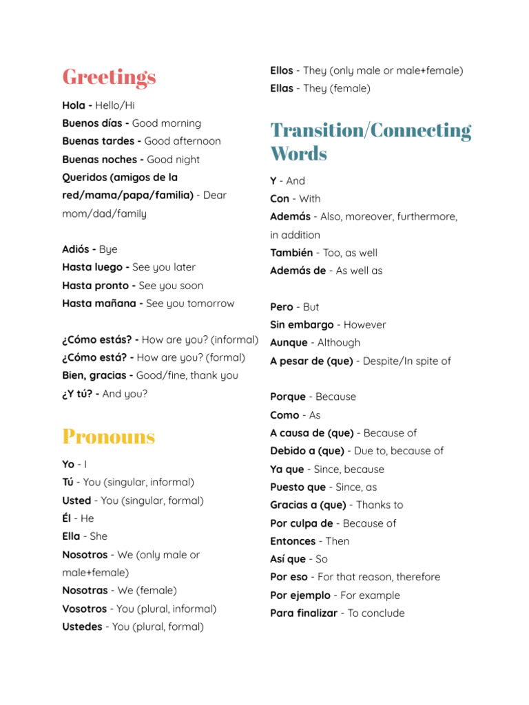 Spanish - Useful Phrases + Basics + Transition Words | PDF | Entorno ...