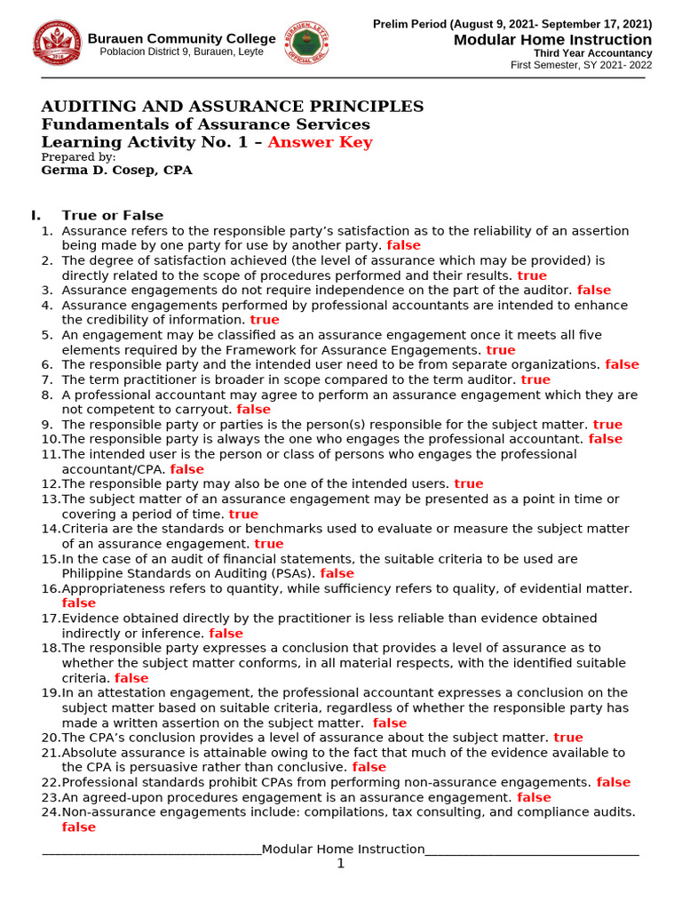 Auditing and Assurance Principles LA No. 1 | PDF | Audit | Certified Public Accountant