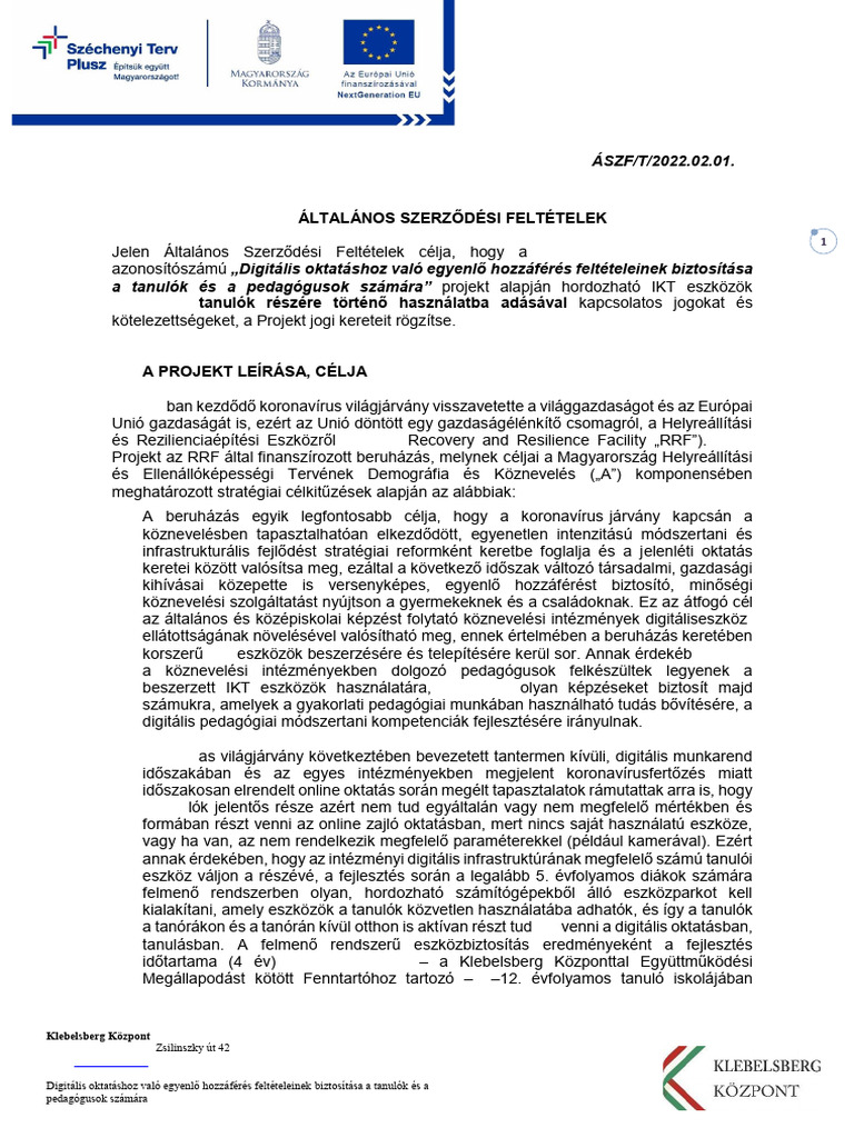 Tanuló ÁSZF - Mellékletekkel - RRF - 121 - 20220201 | PDF