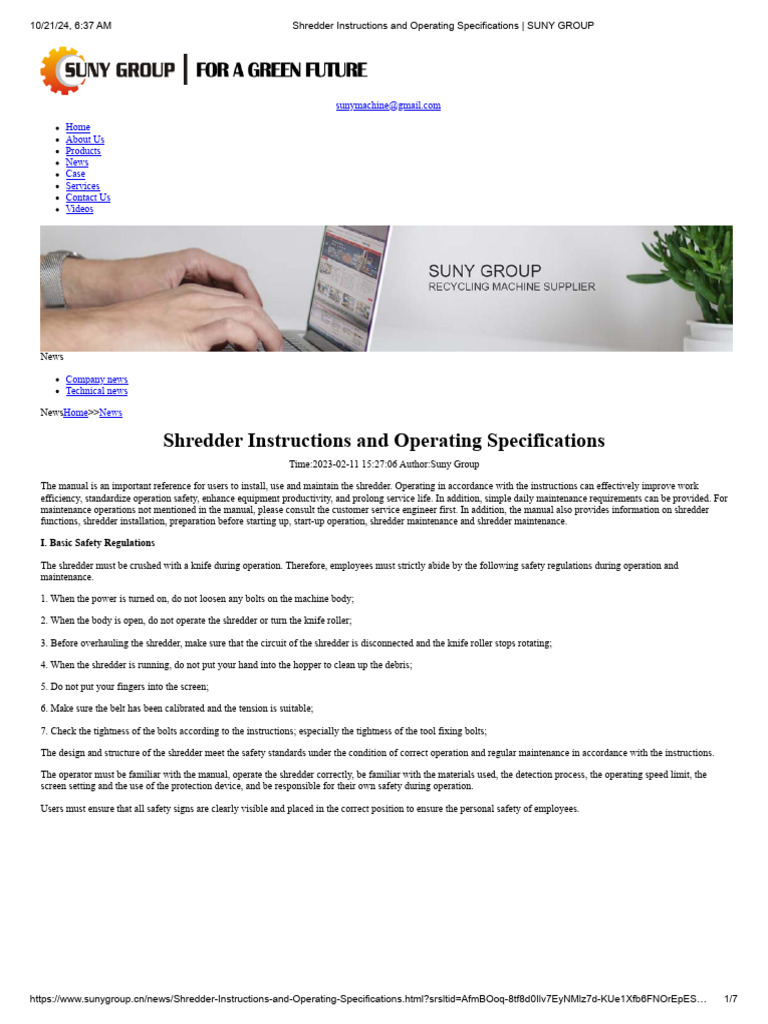 Shredder Instructions and Operating Specifications _ SUNY GROUP | PDF ...