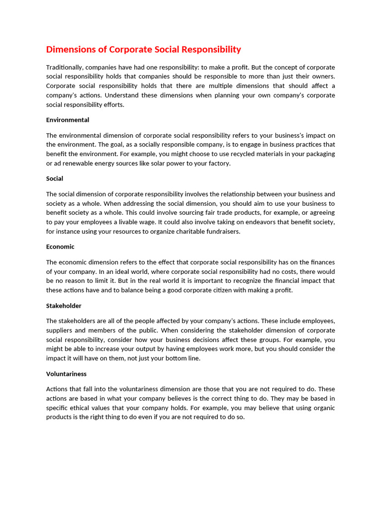 Dimensions of Corporate Social Responsibility | PDF | Corporate Social Responsibility | Employment