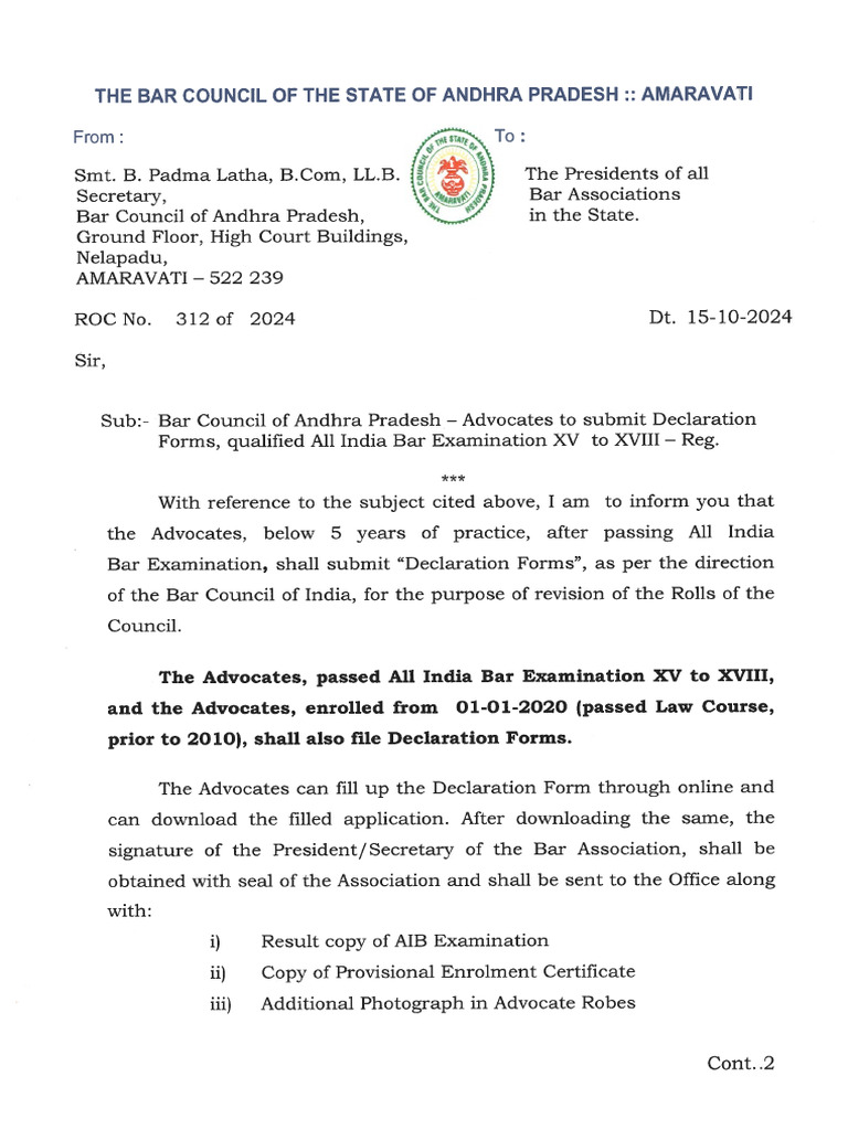 Bar Council Notification On Filing of Declaration Form Dated 15-10-2024 ...