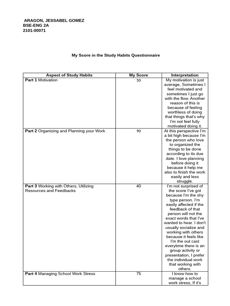 My Score in the Study Habits Questionnaire | PDF | Motivation ...