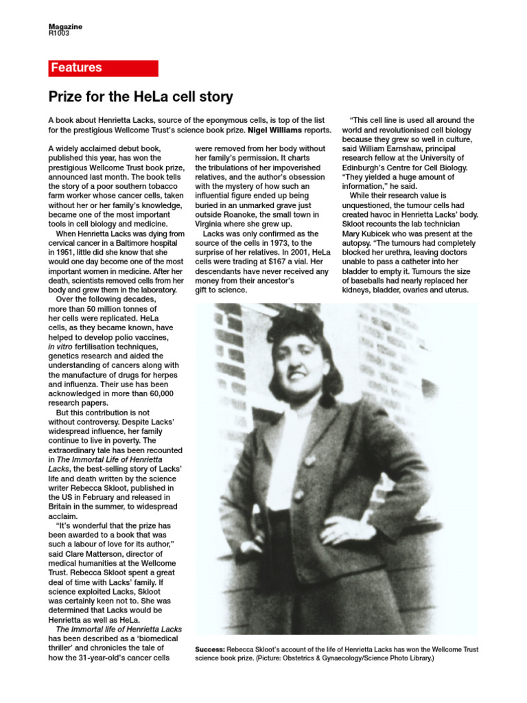 62 N Williams 2010 The HeLa Cell Story | PDF | He La | Clinical Medicine
