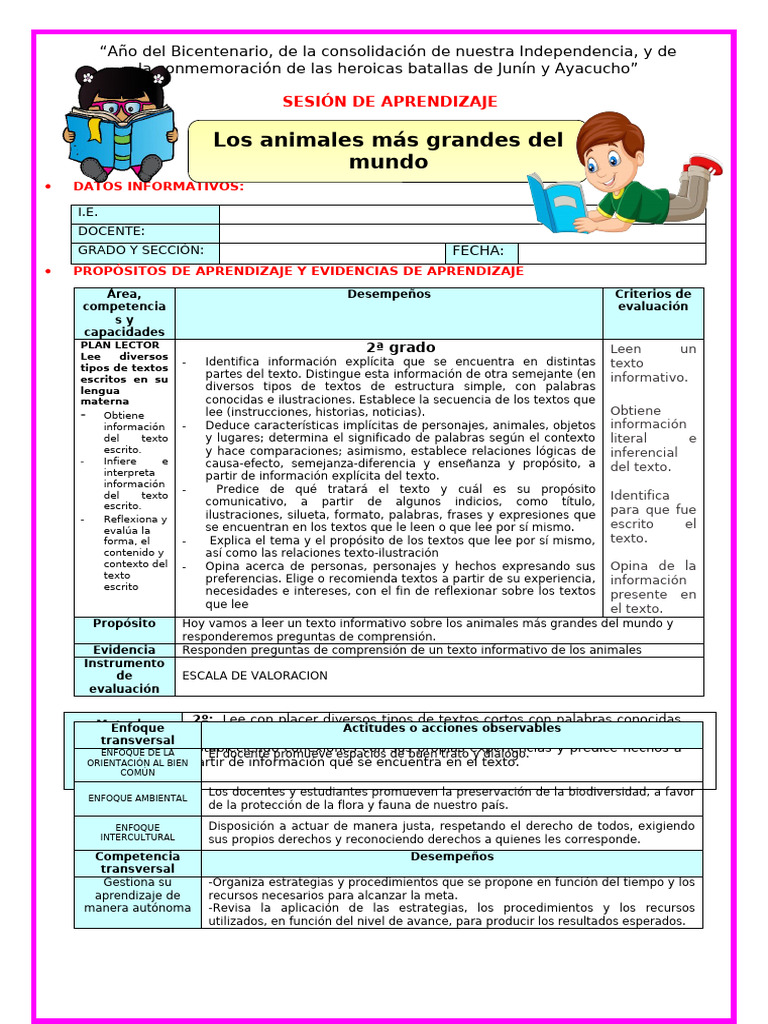 2º U6 S5 SESION D4 PLAN LECTOR LOS ANIMALES MÀS GRANDES DEL MUNDO | PDF ...