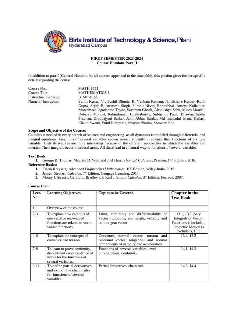 Math f111 Mathematics I - Handout | PDF | Derivative | Curvature