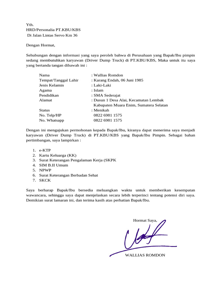 Surat Lamaran - Wallias - PT Sanda Logistics-1 | PDF
