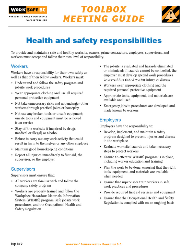 TBM Guide - Health Safety Responsibilities | PDF | Occupational Safety ...
