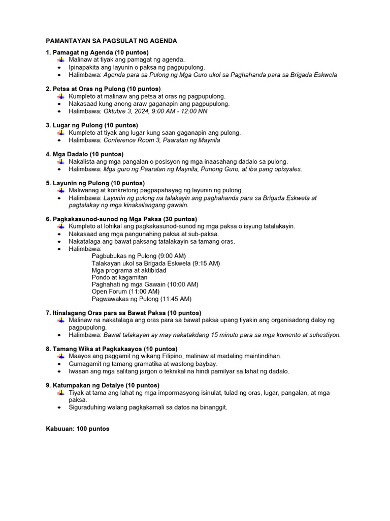 Pamantayan Sa Pagsulat NG Agenda | PDF