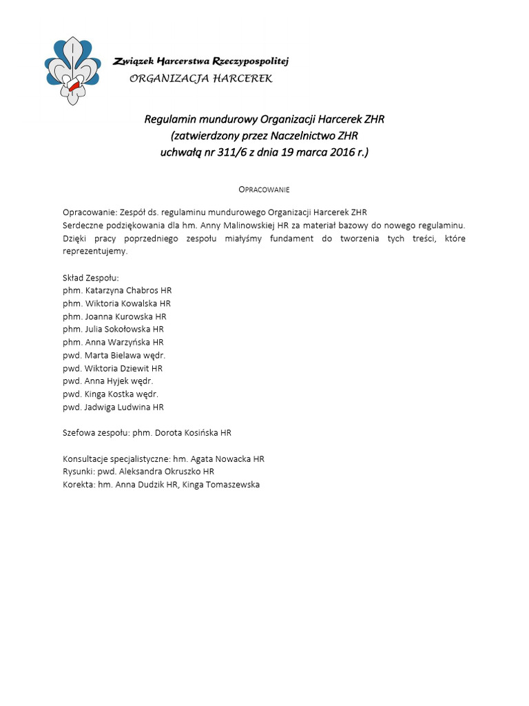 Mundur ZHR Regulamin - Organizacja Harcerek - POBIERZ | PDF