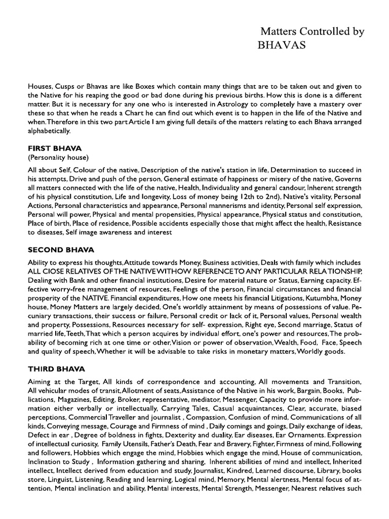 Matters Controlled by Bhava | PDF