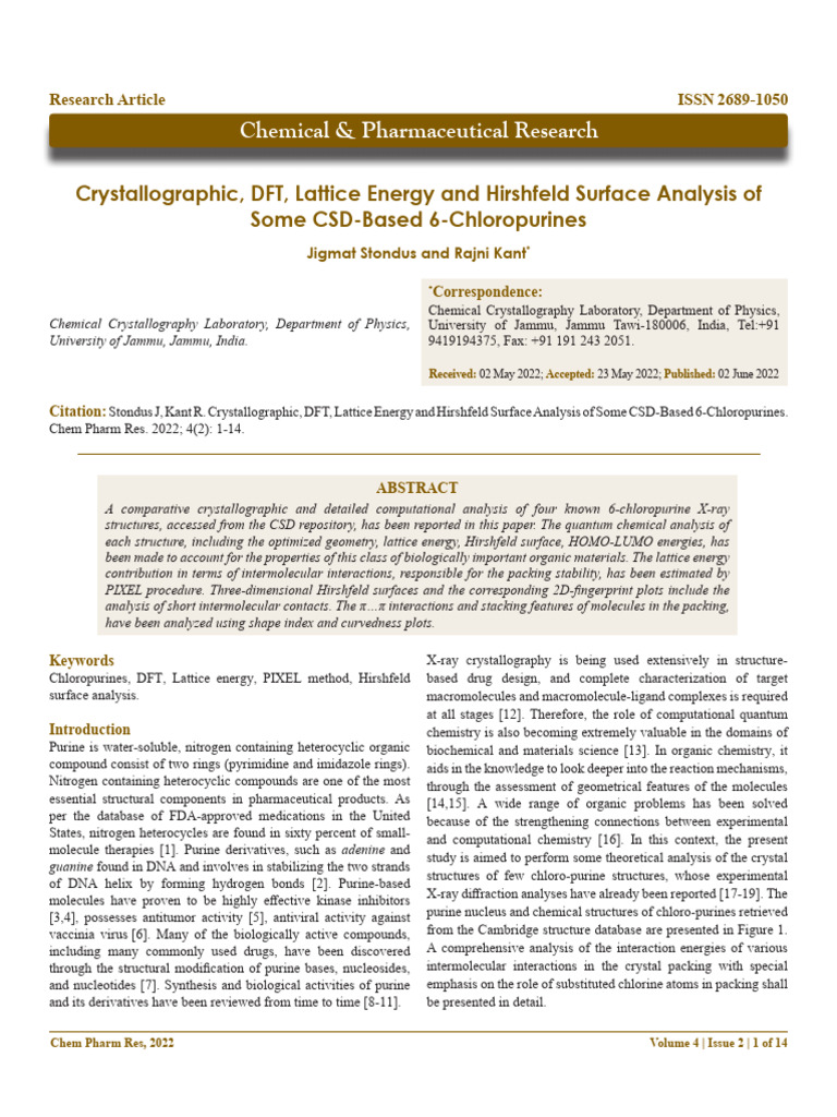 Crystallographic, DFT, Lattice Energy and Hirshfeld Surface Analysis of Some CSD-Based 6 ...