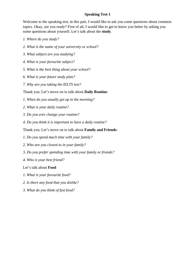 Speaking Test 1 | PDF | Self-Improvement | Lifestyle