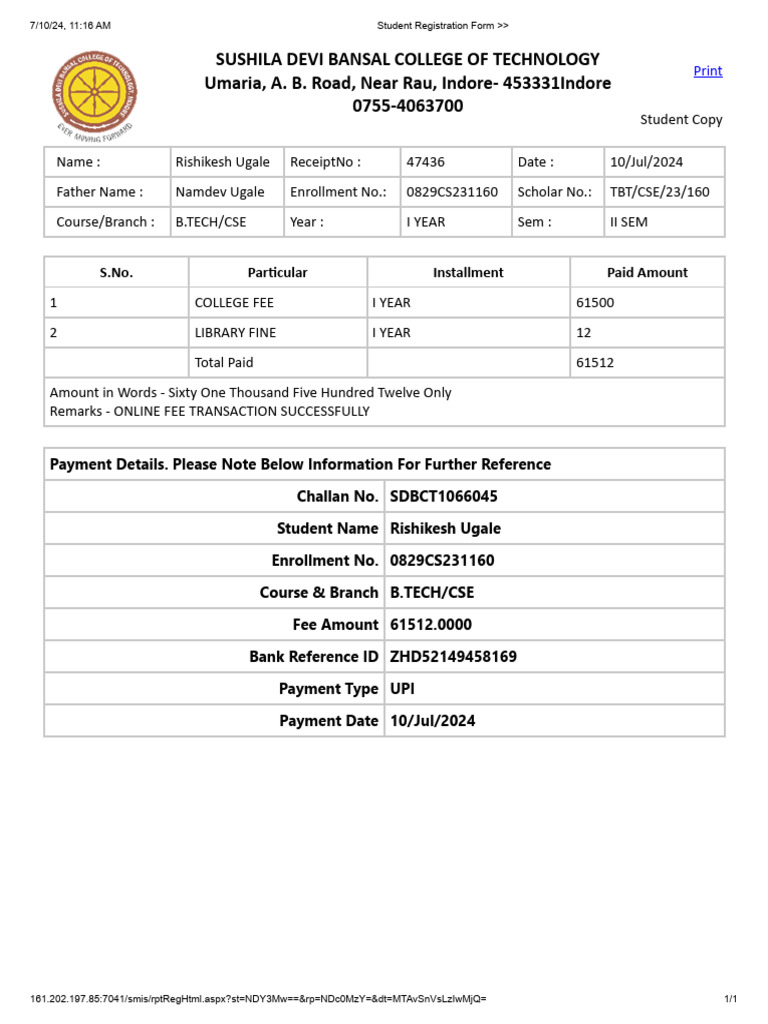 College Fee Receipt for Rishikesh Ugale | PDF
