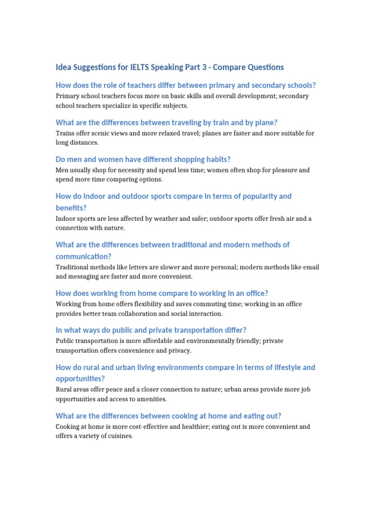 IELTS Speaking Part3 Compare Questions and Ideas | PDF | Social Media ...