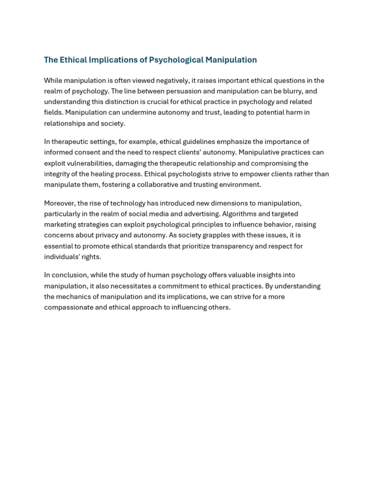 Ethical Issues in Psychological Manipulation | PDF