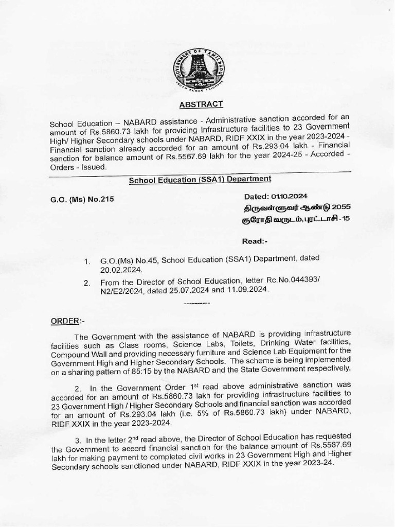 G.O. (MS) No.215, S.E. (SSA1) Dept. DT 01.10.2024 (7439-SSA1-2024 ...