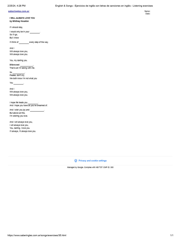 English & Songs - Ejercicios de Inglés Con Letras de Canciones en ...