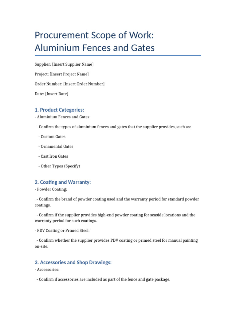 11procurement Scope of Work Aluminium Fences and Gates English | PDF ...