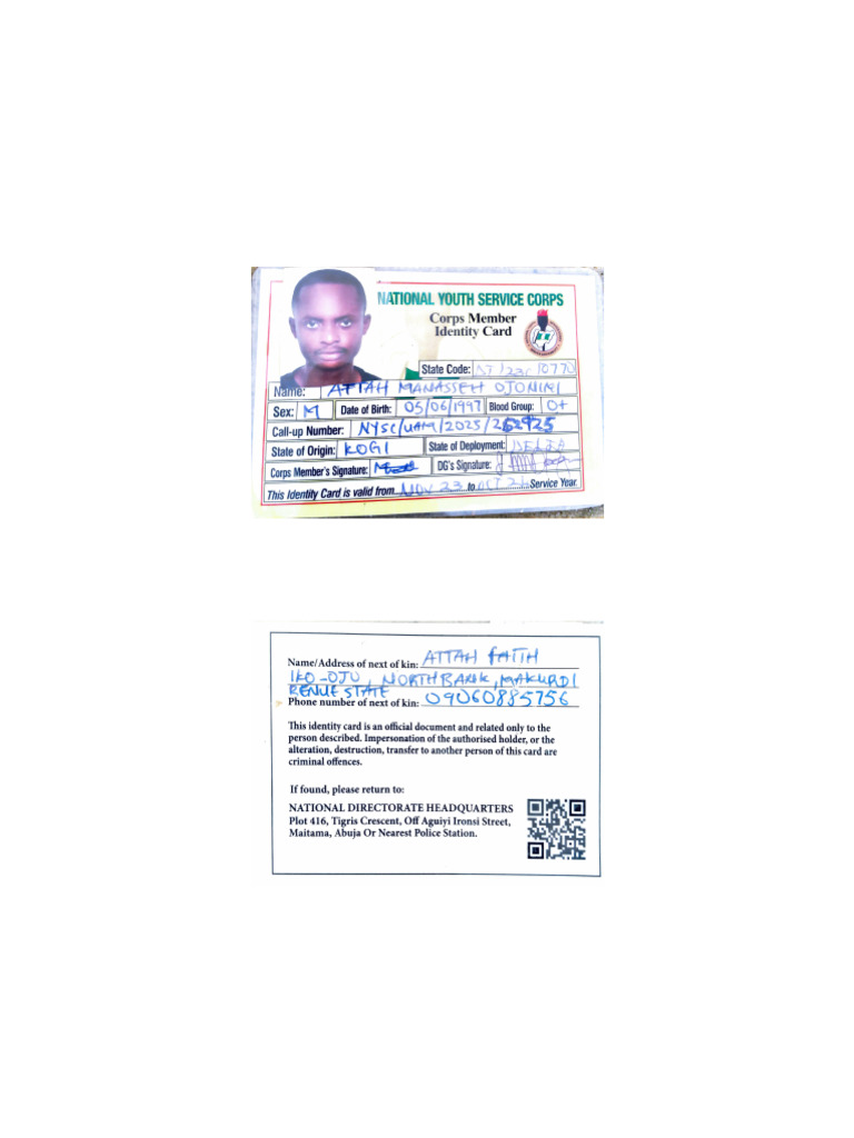 NYSC Identity Card Sample 2024 | PDF