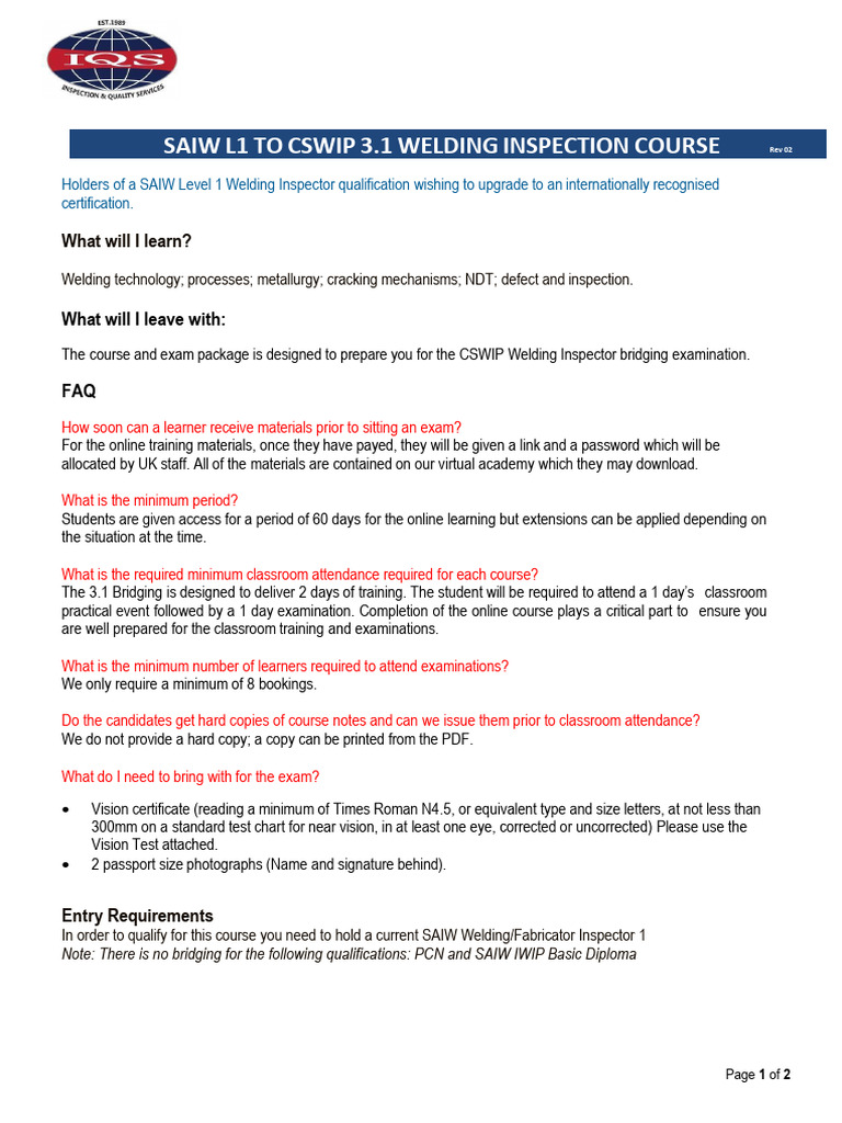SAIW to CSWIP 3.1 Welding Course Guide | PDF | Educational Technology ...