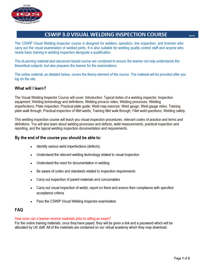 CSWIP Visual Welding Inspector Course | PDF | Welding | Construction