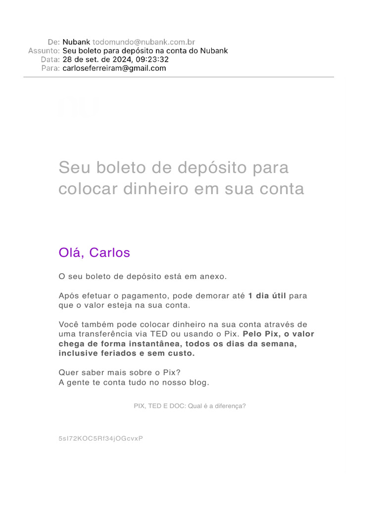 Seu Boleto para Depósito Na Conta Do Nubank | PDF